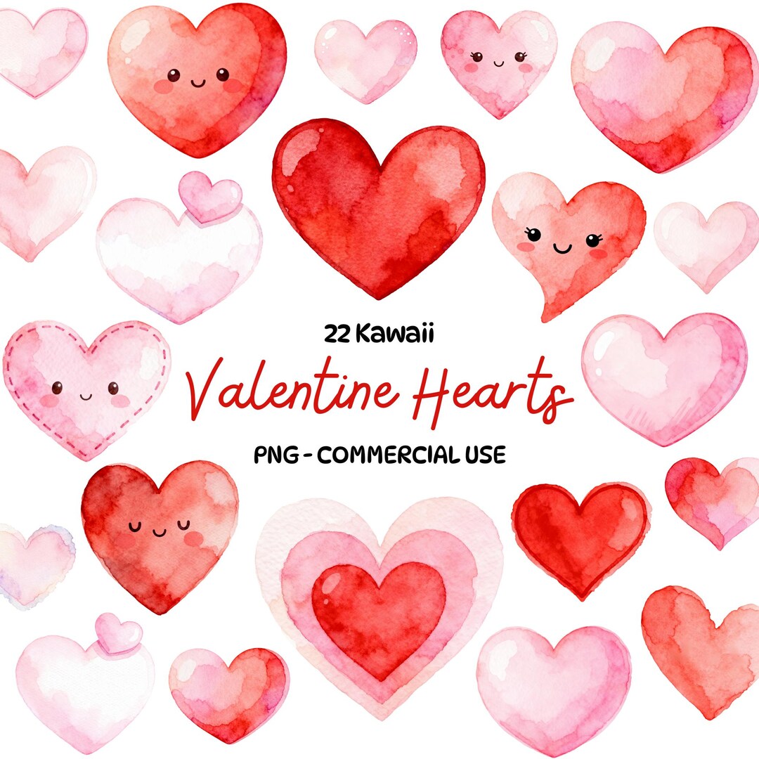 Valentine Hearts Clipart Bundle - Kawaii Watercolor Heart PNG Set for ...