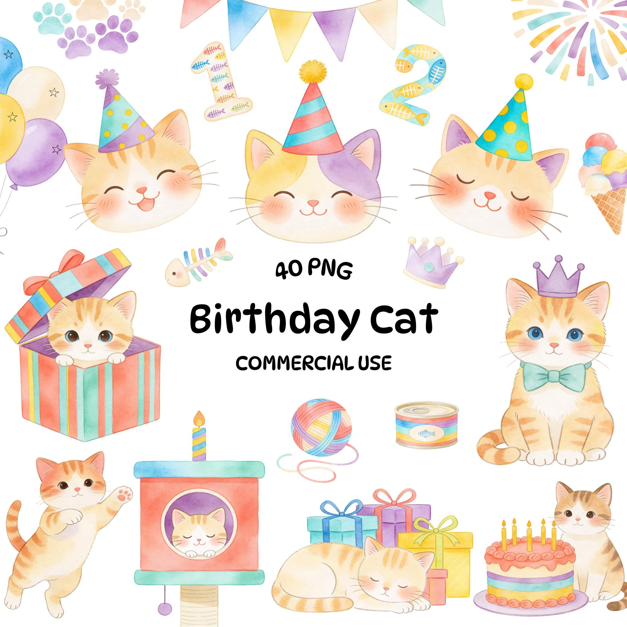 Birthday Cat Clipart Bundle - Pastel Kawaii Watercolor Cat PNG - Party ...