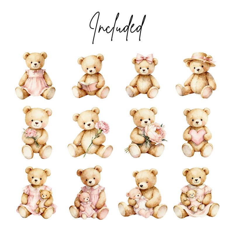 Cute Mother's Day Teddy Bear Watercolor Clipart, Pink Carnation PNG for ...