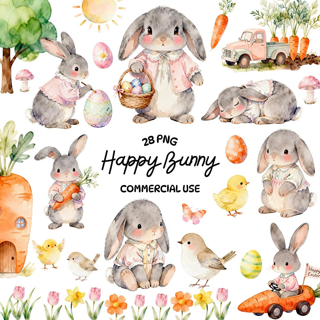 Happy Bunny Watercolor Clipart Bundle – Cute Easter Bunny Spring PNG ...
