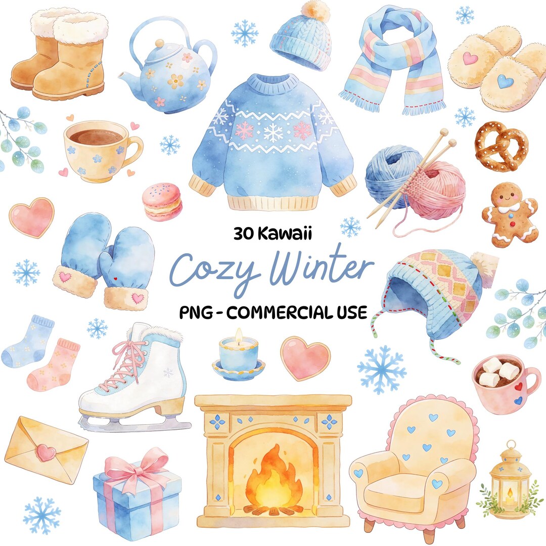 Cozy Winter Watercolor Clipart Bundle – Cute Hygge Winter Elements PNG ...
