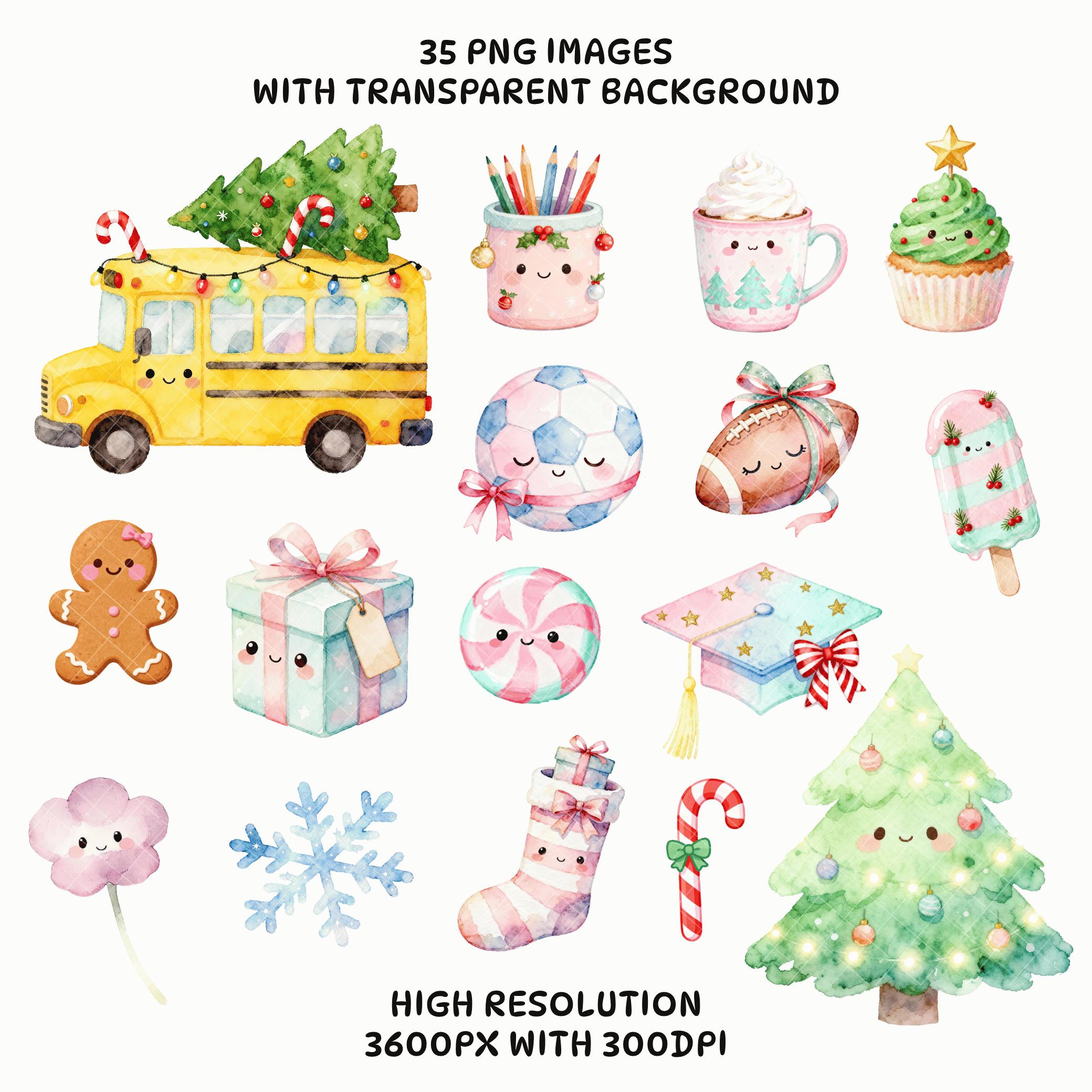 Cute School Christmas Clipart Bundle - Kawaii Classroom Holiday PNG ...