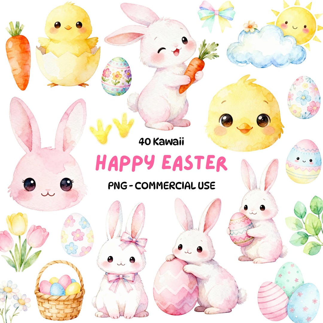 Happy Easter Bunny Clipart Bundle – Kawaii Pastel Watercolor Rabbits ...