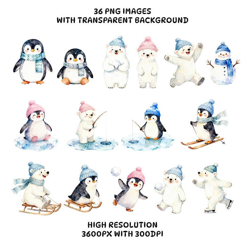 Snowy Winter Kawaii Clipart Bundle – Cute Penguins & Polar Bears PNG ...
