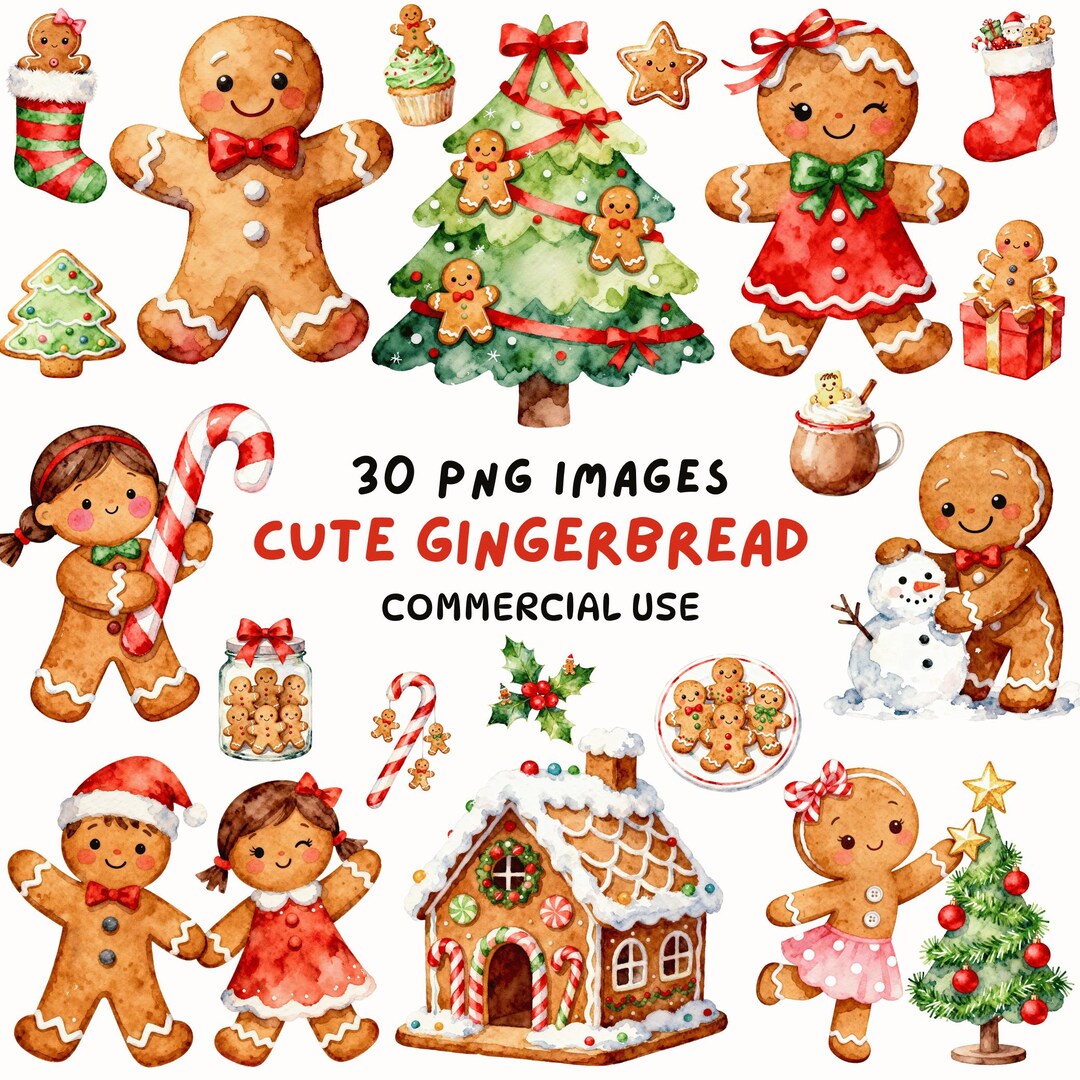 Cute Gingerbread Clipart, Watercolor Christmas Cookies PNG, Holiday ...