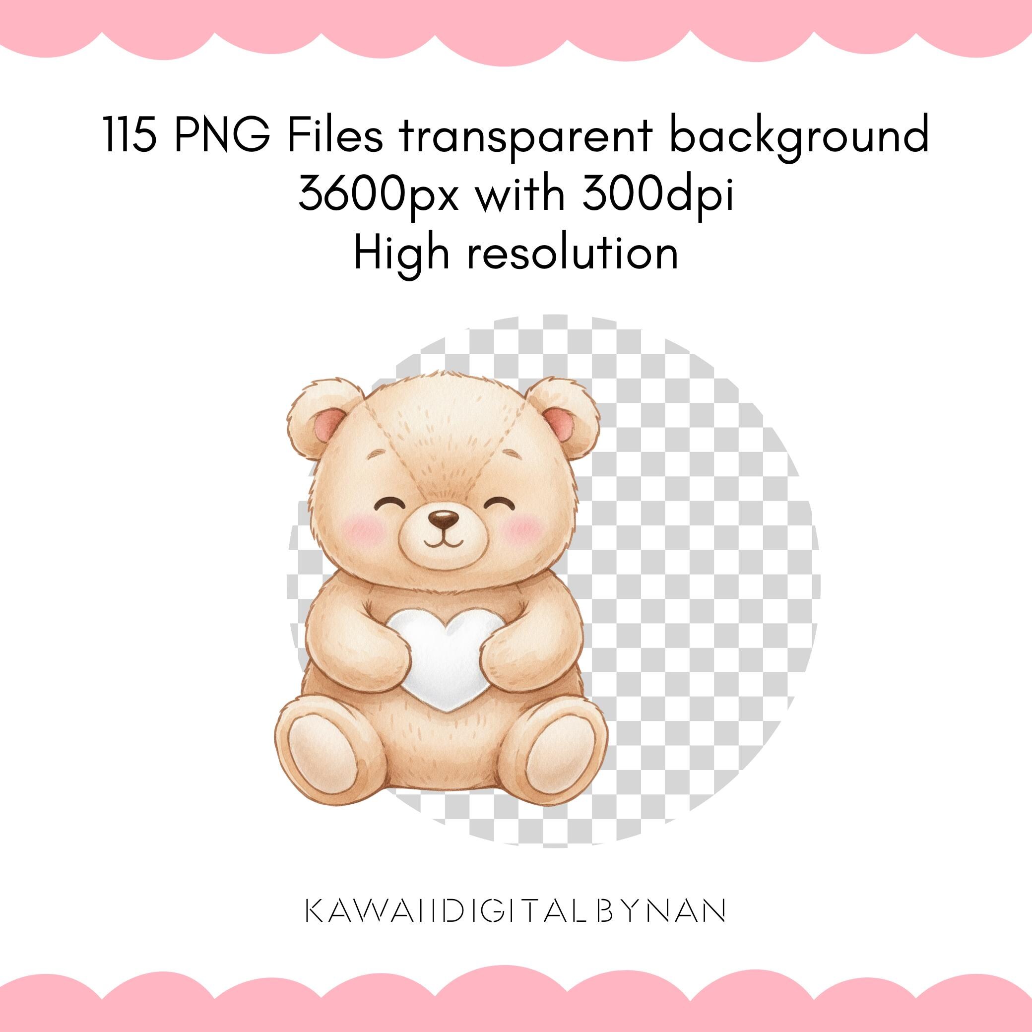Cute Teddy Bear Clipart Bundle – Kawaii Pastel Watercolor PNG for Baby ...