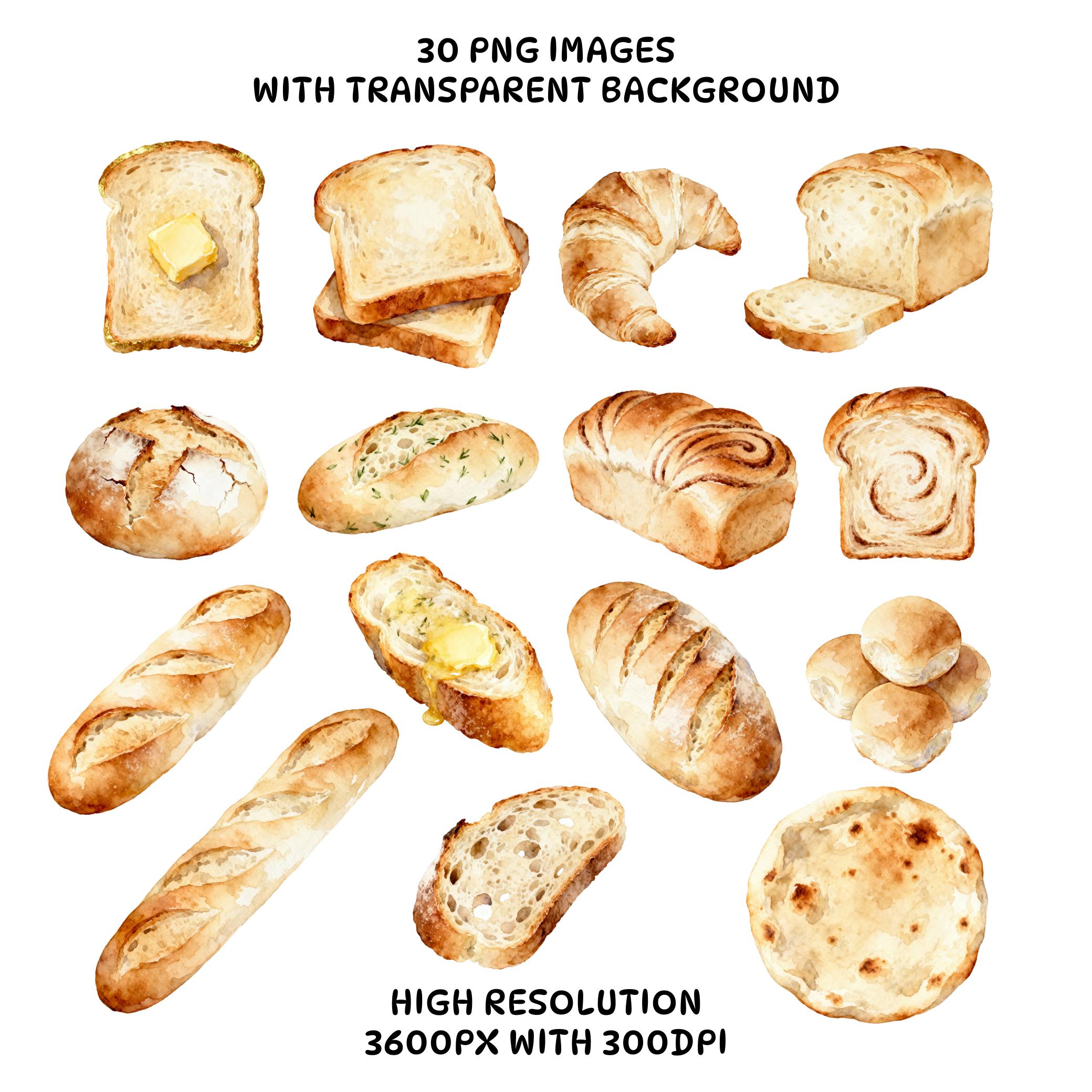 Watercolor Bread Clipart Bundle 30 PNG - Kawaii Bakery Food ...