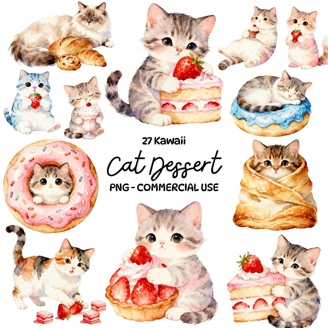 Cat Dessert Clipart Bundle – Cute Kawaii Cats With Cakes, Donuts Sweets ...