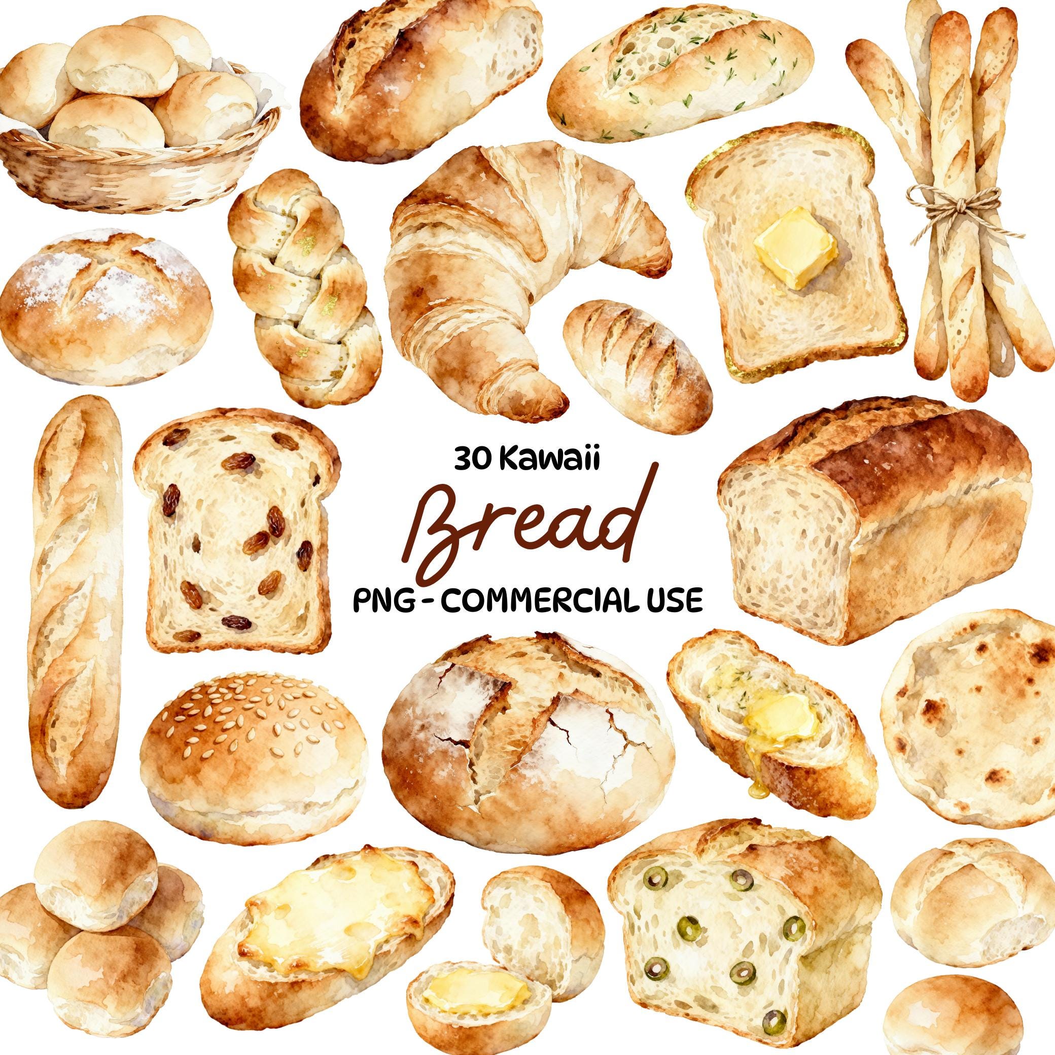 Watercolor Bread Clipart Bundle 30 PNG - Kawaii Bakery Food ...