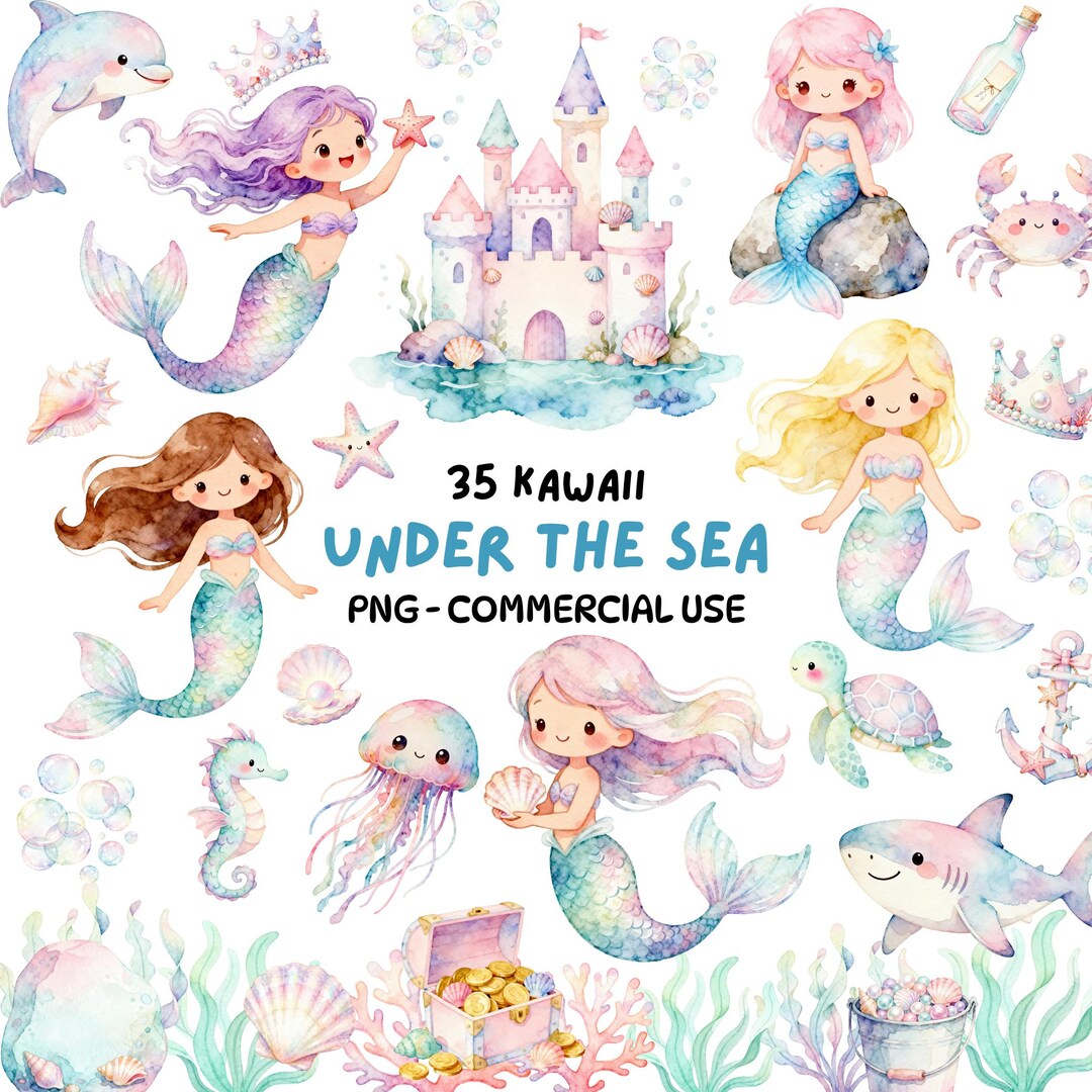 Pastel Under the Sea Clipart Bundle - Kawaii Ocean Animals PNG - Kids ...