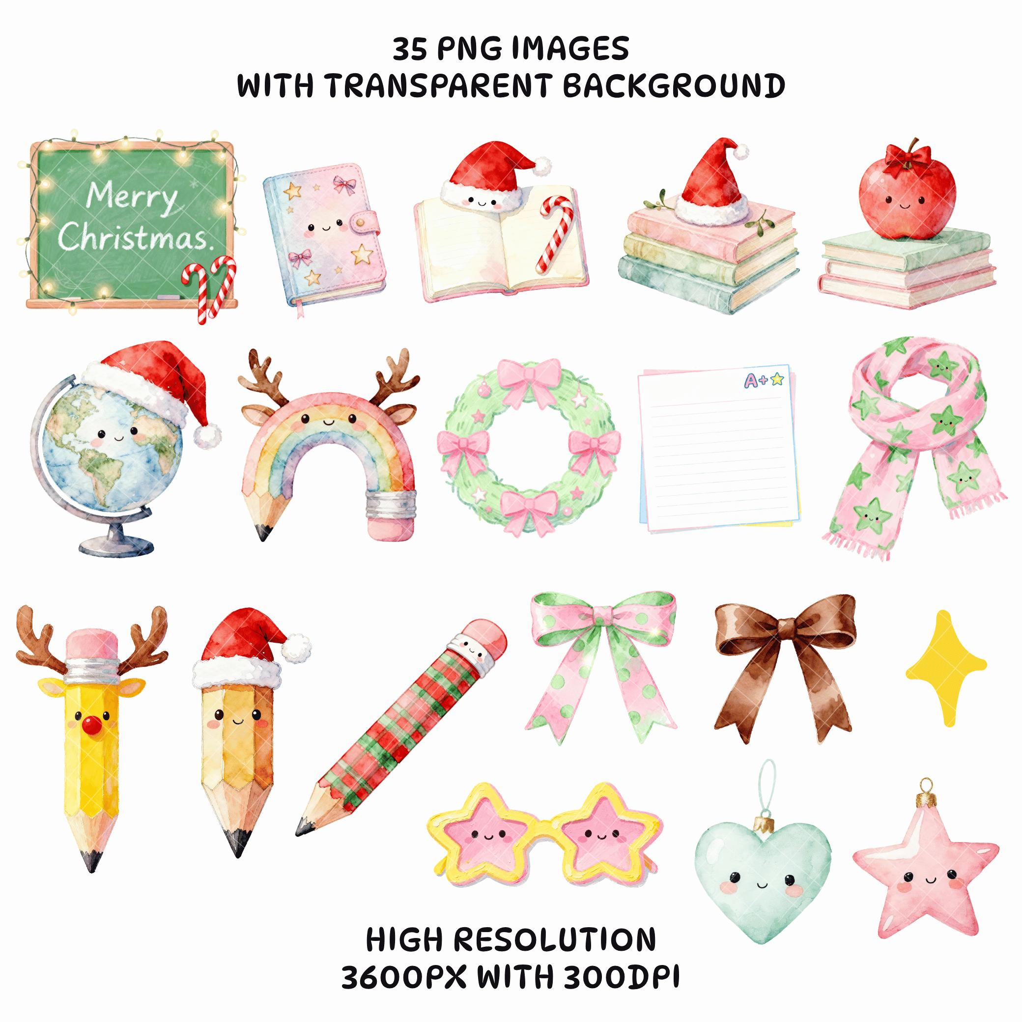 Cute School Christmas Clipart Bundle - Kawaii Classroom Holiday PNG ...