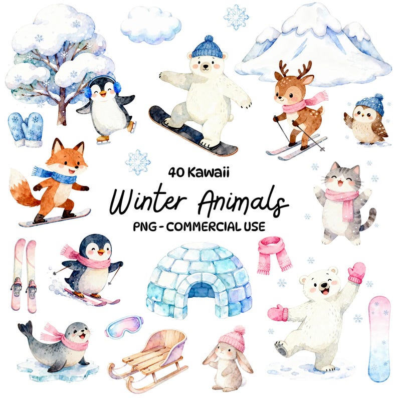 Winter Animals Clipart Bundle Watercolor Kawaii PNG - Cute Penguin Bear ...