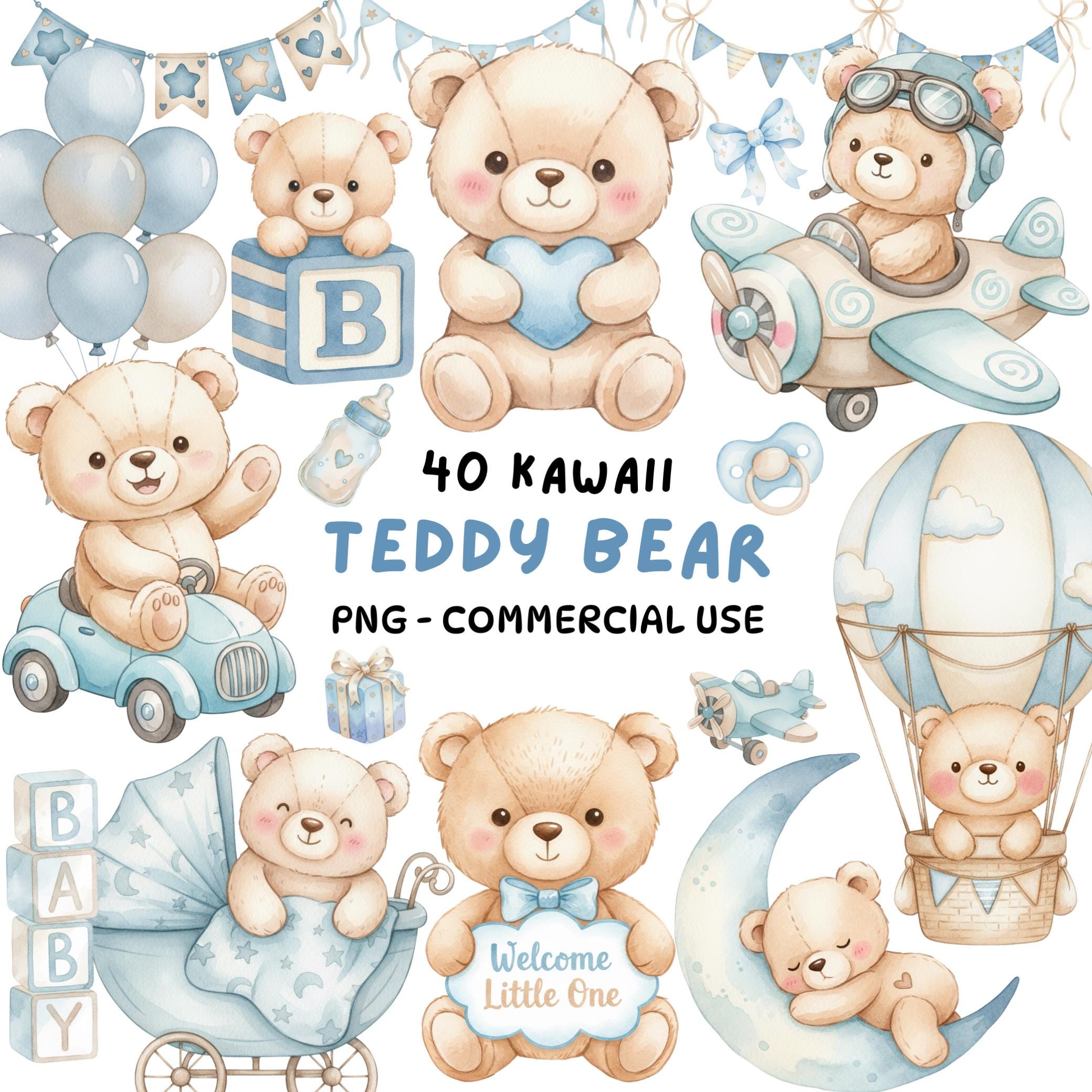 Cute Teddy Bear Clipart Bundle – Kawaii Pastel Watercolor PNG for Baby ...