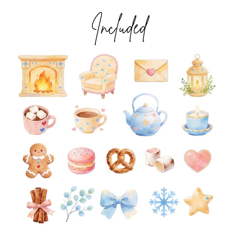 Cozy Winter Watercolor Clipart Bundle – Cute Hygge Winter Elements PNG ...