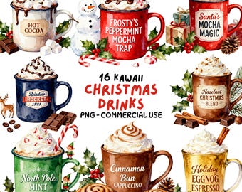 Cute Kawaii Printable Winter Christmas Hot Cocoas Clipart Set ...