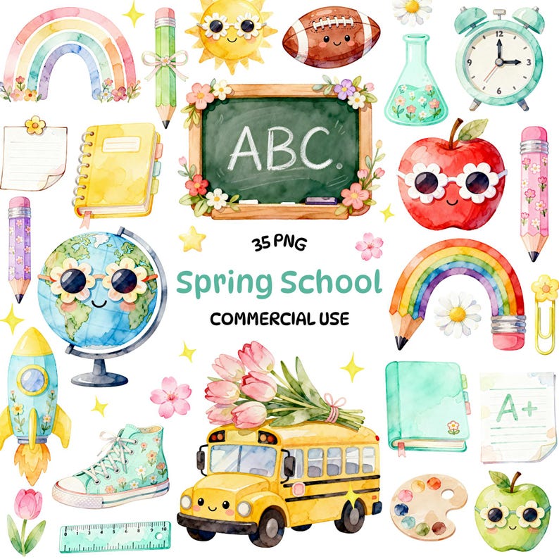 Spring School Clipart Bundle PNG – Kawaii Watercolor Classroom Elements ...