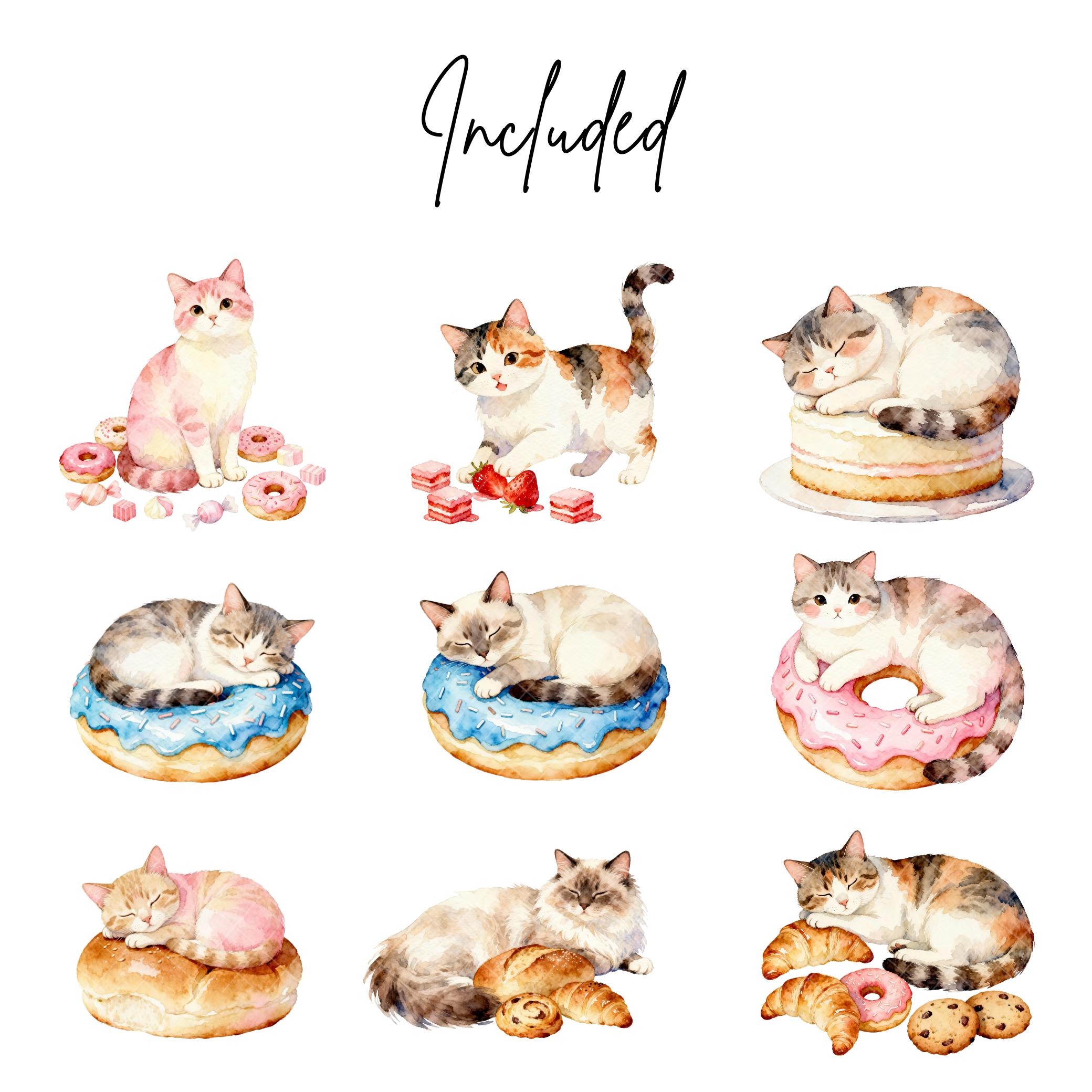 Cat Dessert Clipart Bundle – Cute Kawaii Cats With Cakes, Donuts Sweets ...