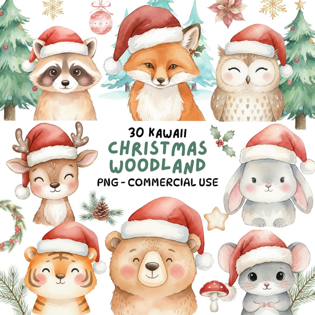 Christmas Woodland Clipart - Cute Watercolor Forest Animal PNG ...