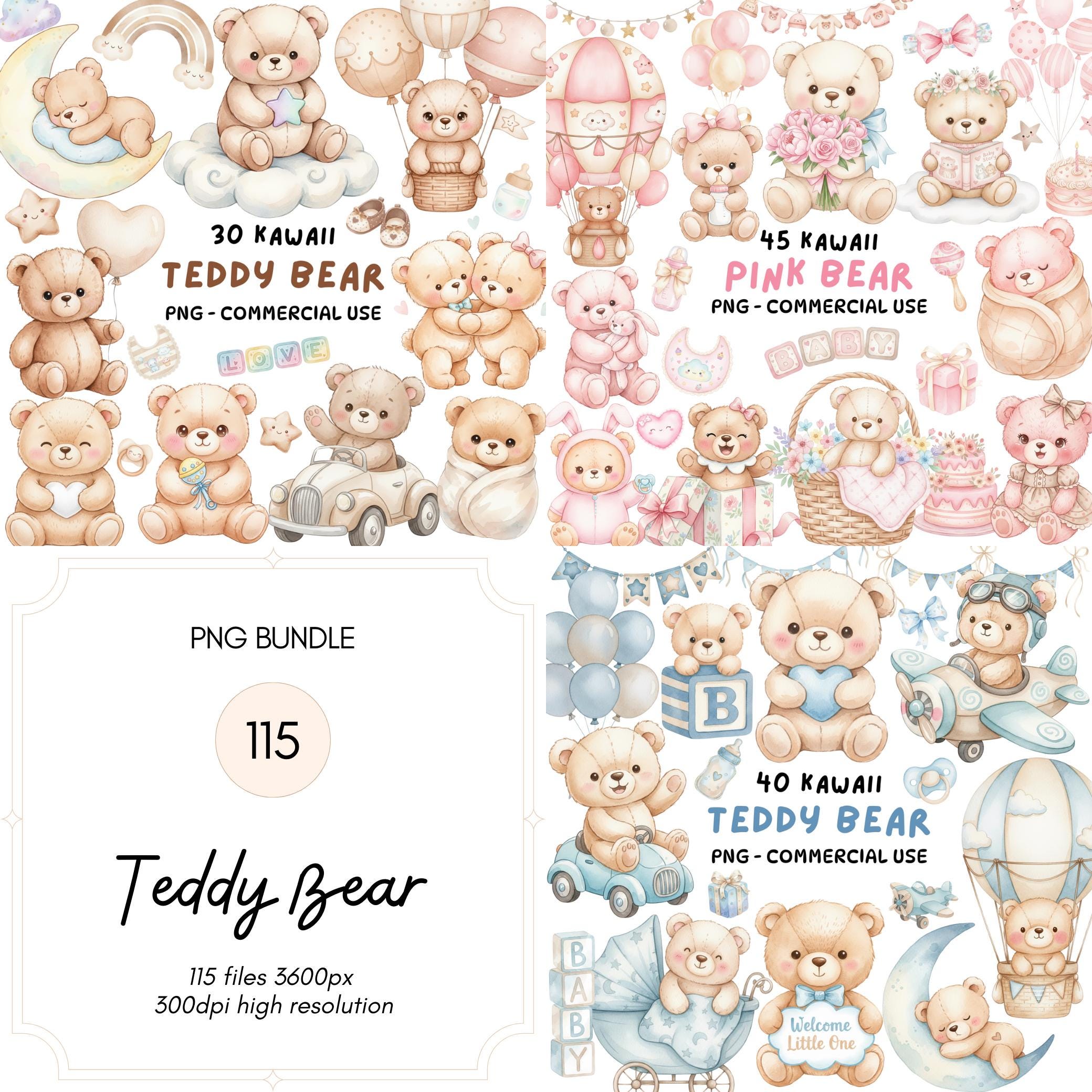 Cute Teddy Bear Clipart Bundle – Kawaii Pastel Watercolor PNG for Baby ...
