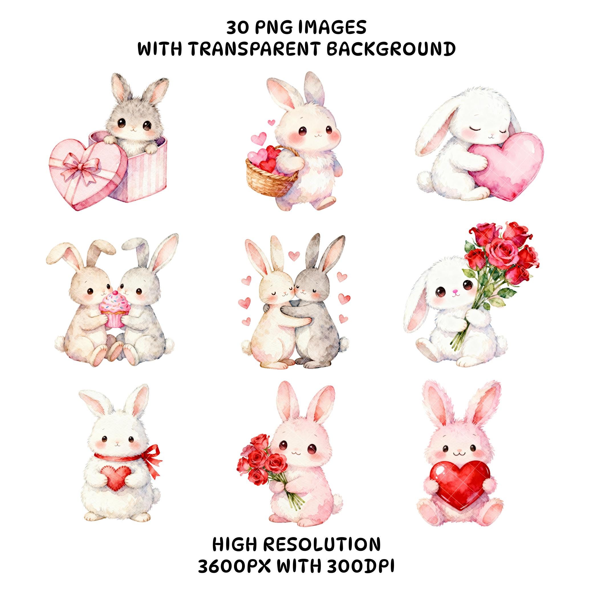 Valentine Bunny Clipart Bundle - Kawaii Cute Watercolor Rabbits, Hearts ...