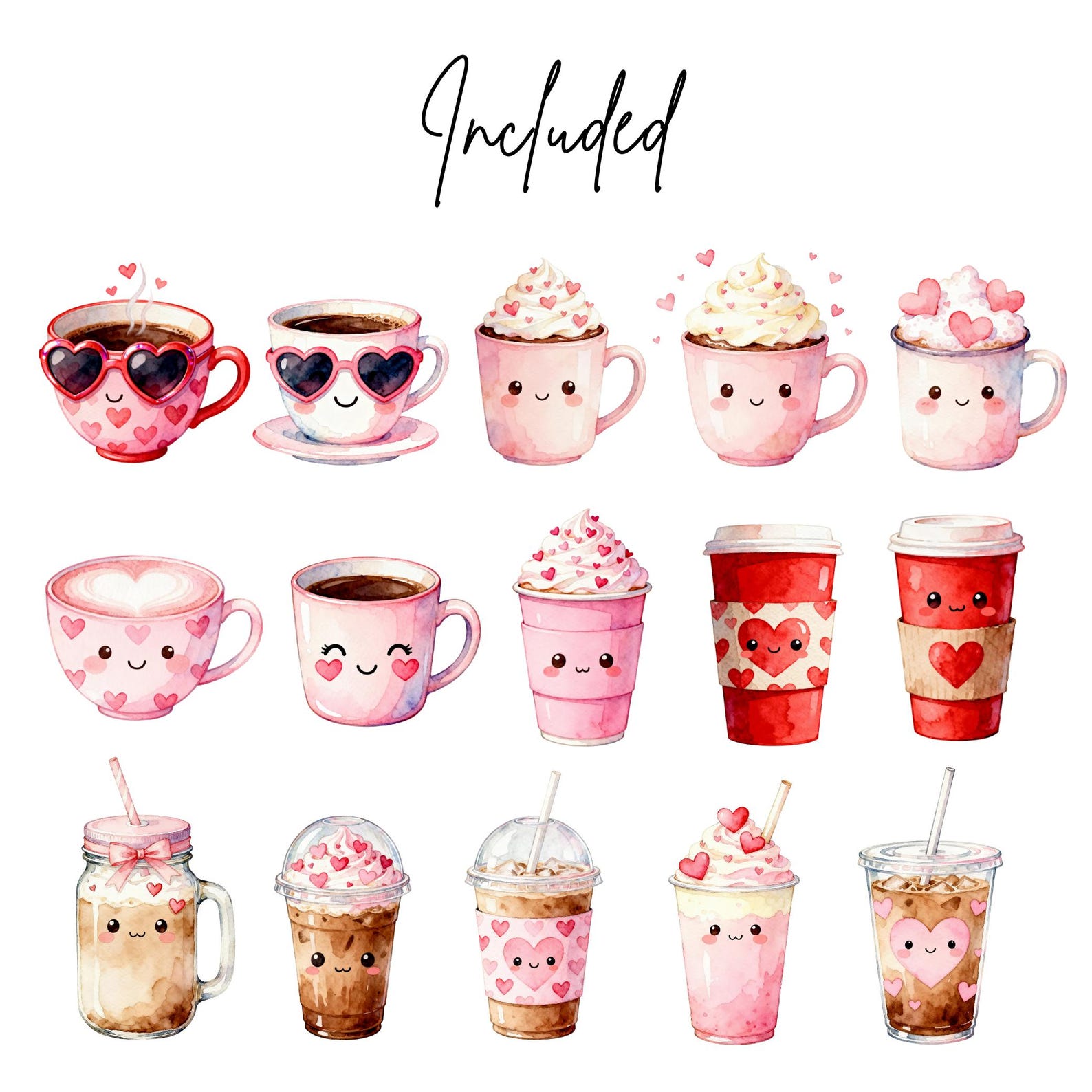 Valentine Coffee Clipart Bundle – Kawaii Watercolor Coffee Cups PNG ...