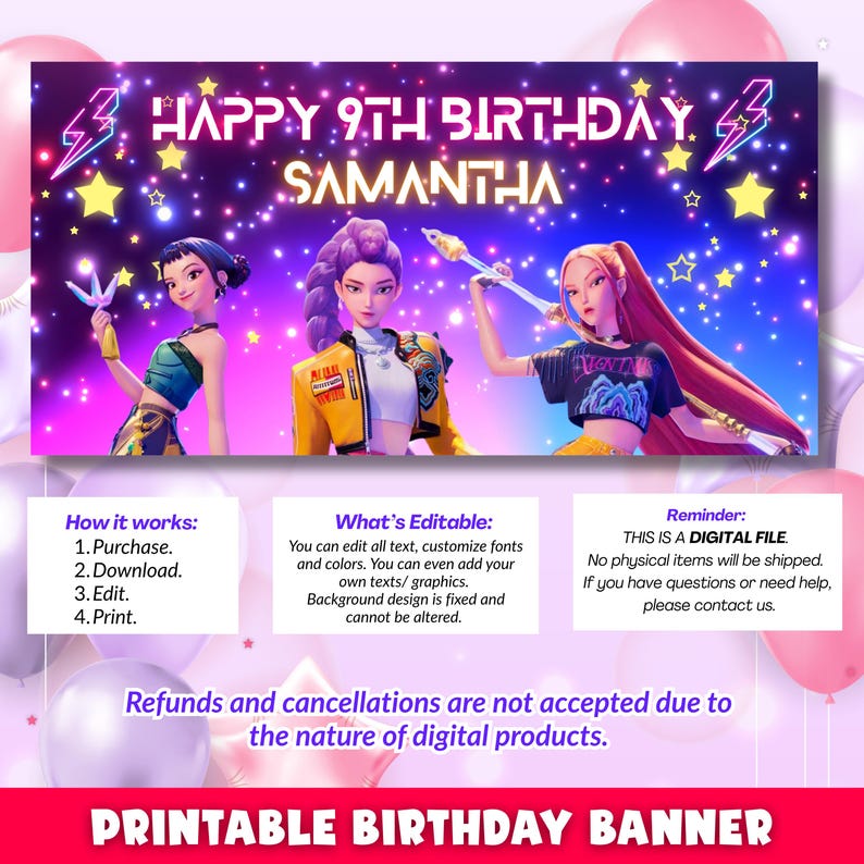 Editable K-pop Demon Hunters Birthday Party Banner | Printable Party ...