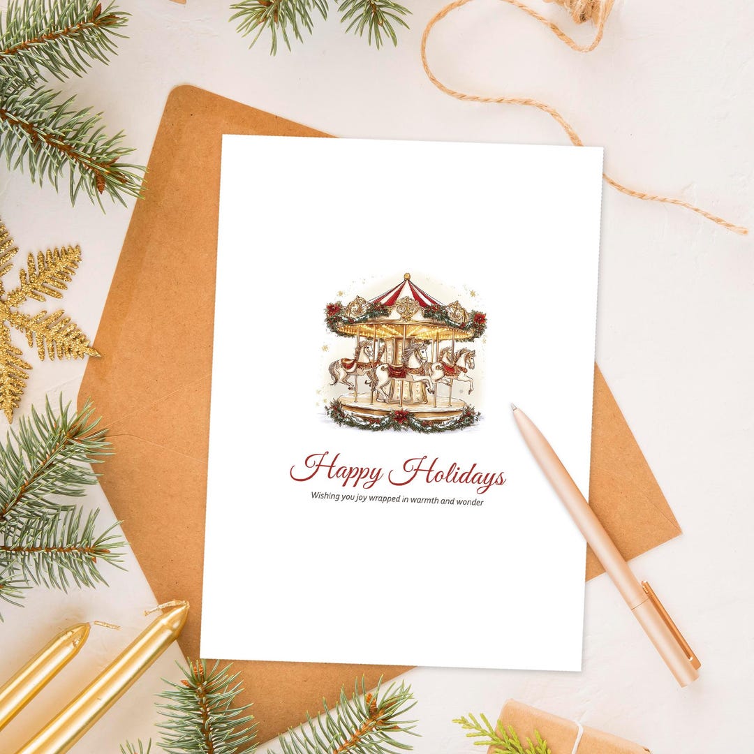 Happy Holidays Carousel Card, Vintage Merry Go Round Greeting Card ...