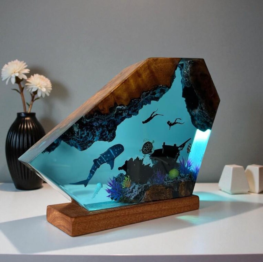Ocean Resin Lamp | Handmade Wood and Epoxy Whale Shark Diorama - Etsy