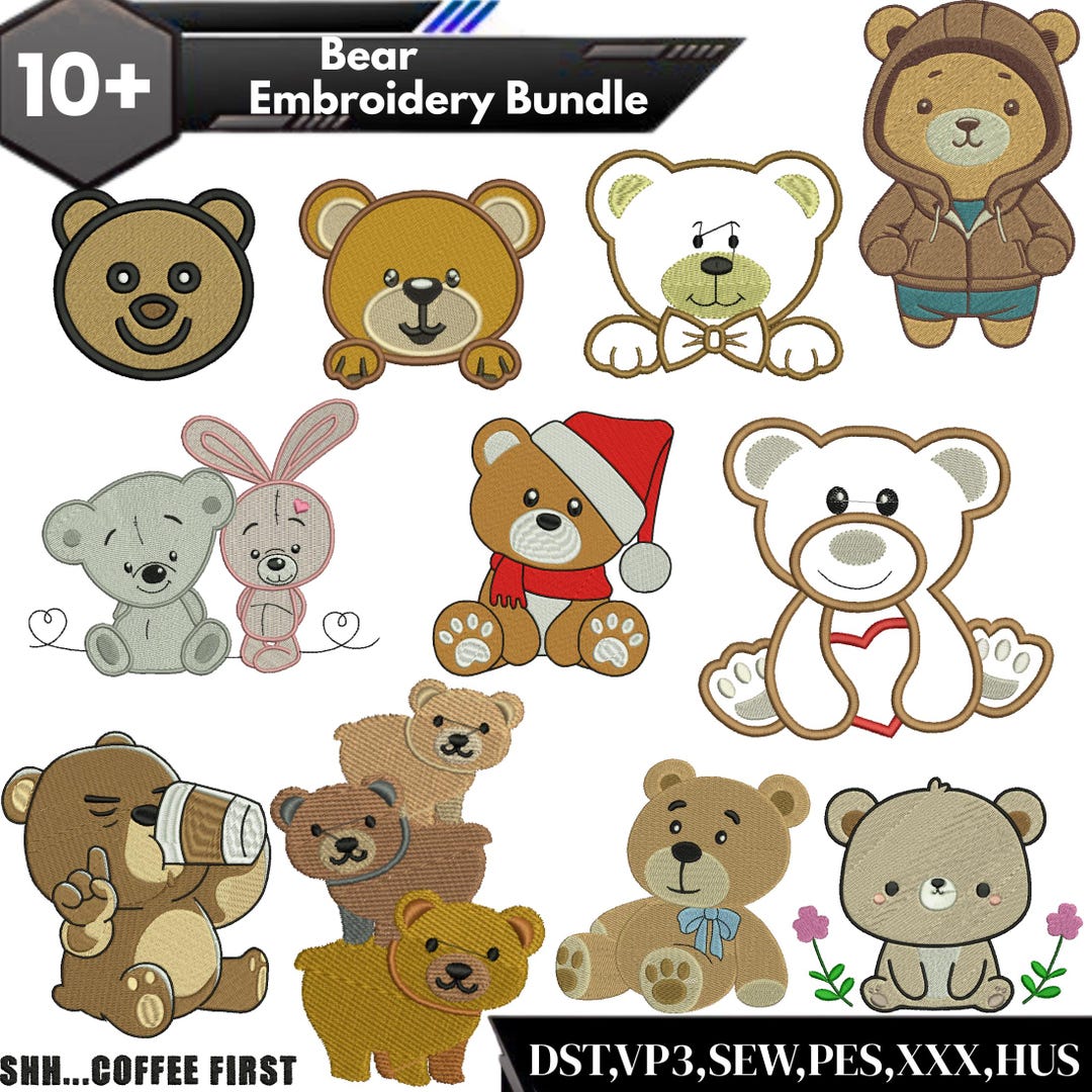 10+ Bear Embroidery Design Bundle, Cute Teddy Bear Machine Embroidery ...