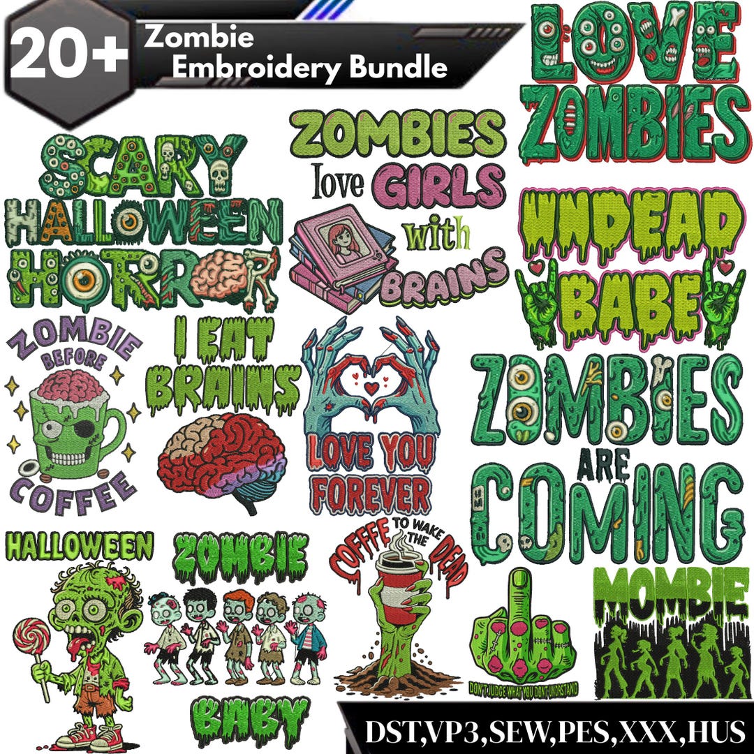 Zombie Embroidery Design, Skull Embroidery, Zombie Man Face, Halloween ...