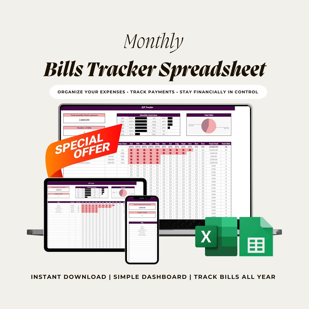 Monthly Bill Tracker Spreadsheet, Bill Payment Tracker, Monthly Budget ...