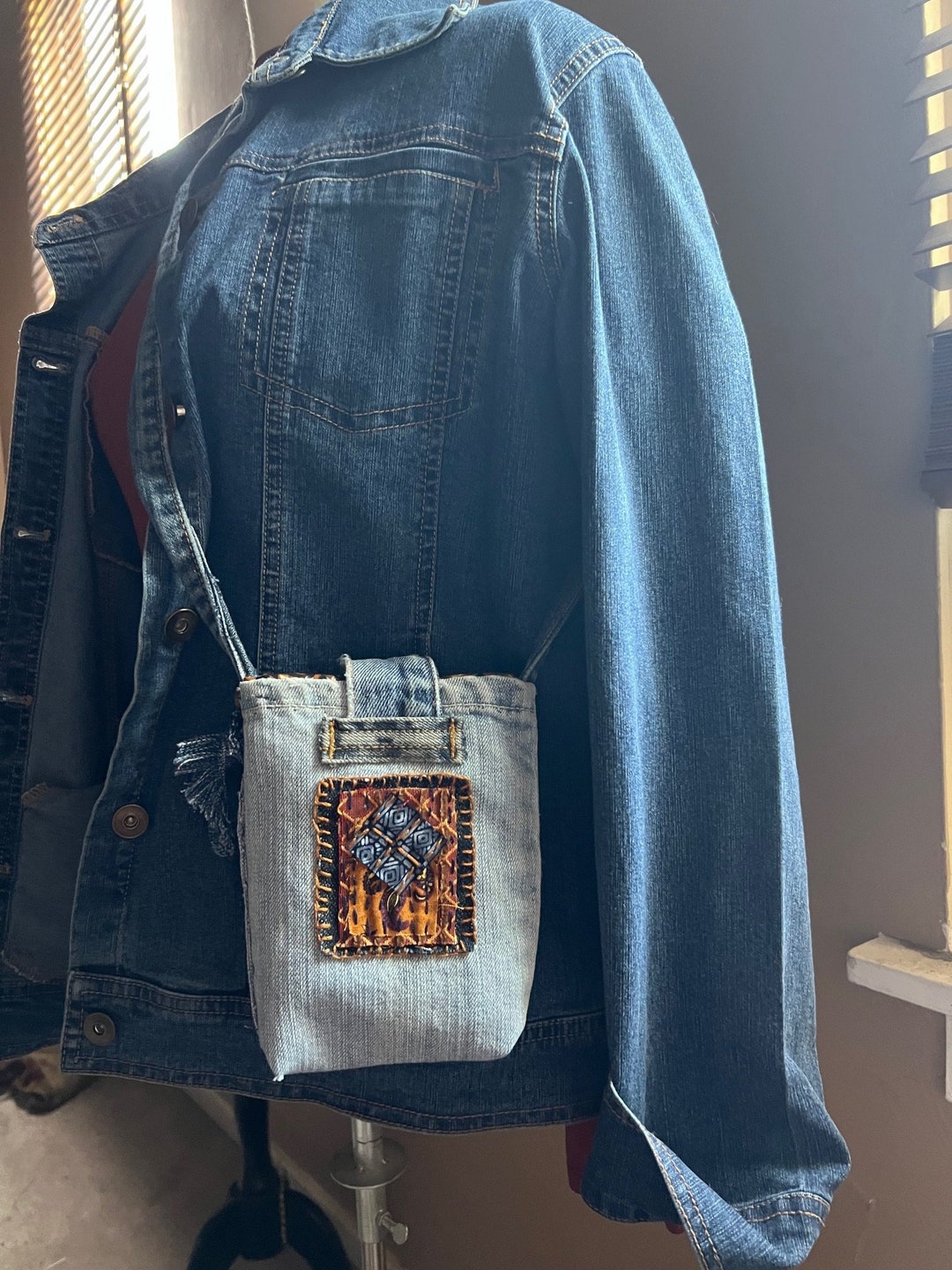 Denim Crossbody Purse/cell Phone Pouch With Sashiko Stitched Patch and ...