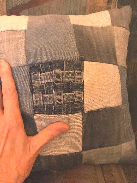 Denim Patchwork Pillow Upcycled From Blue Jeans - Etsy