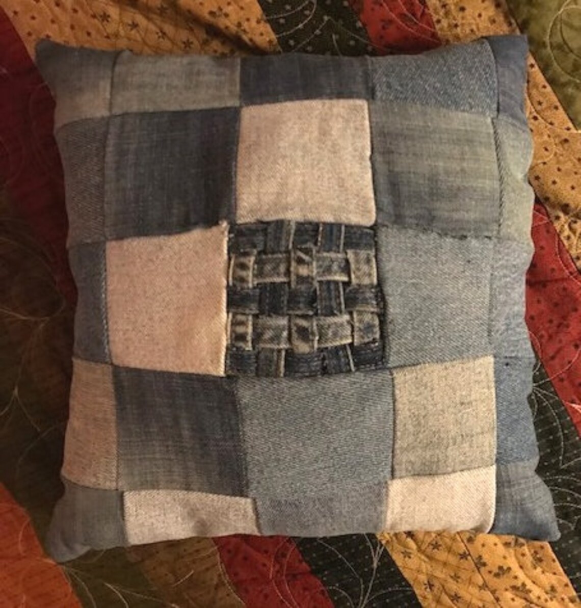 Denim Patchwork Pillow Upcycled From Blue Jeans - Etsy