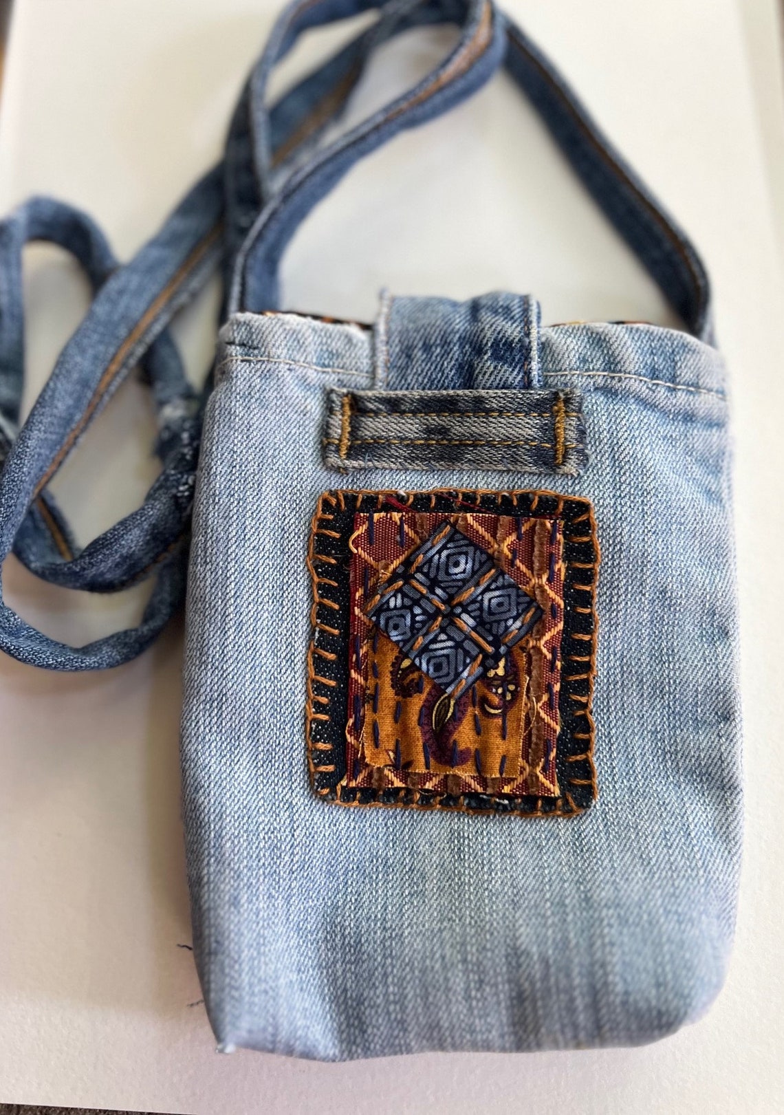 Denim Crossbody Purse/cell Phone Pouch With Sashiko Stitched Patch and ...