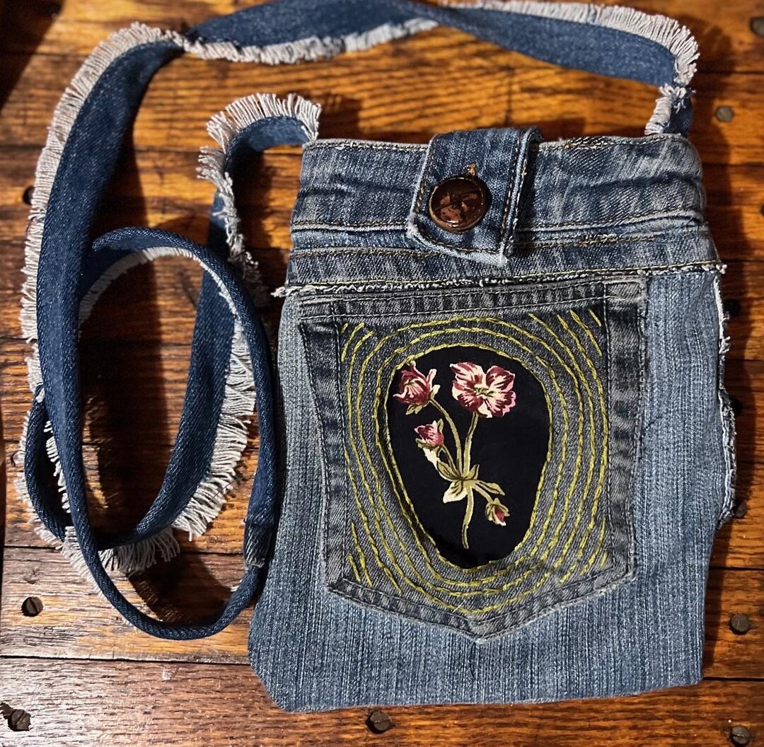 Small Denim Crossbody Bag/purse/pouch With Denim Feathers, Applique and ...