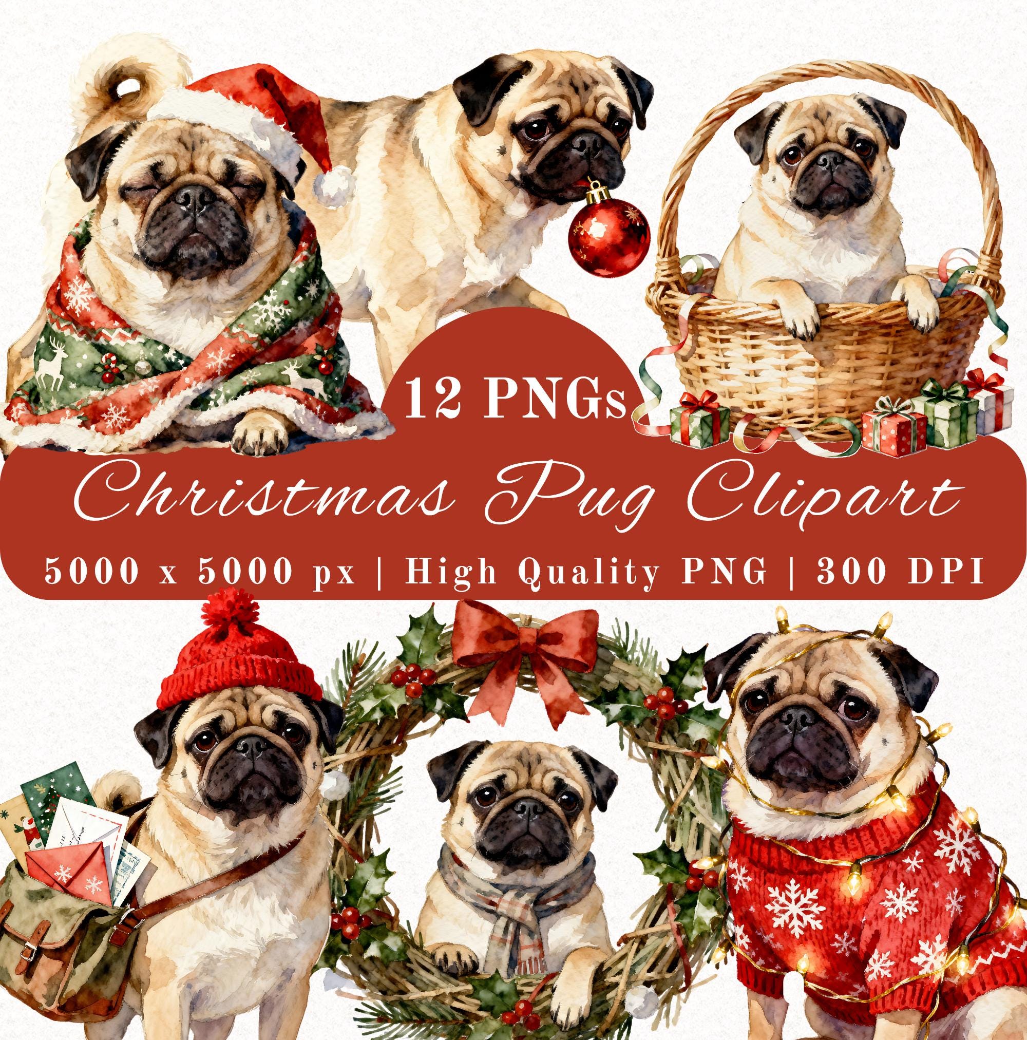 Christmas Pug Clipart | Cozy Watercolor Dog Pngs | Holiday Pet ...