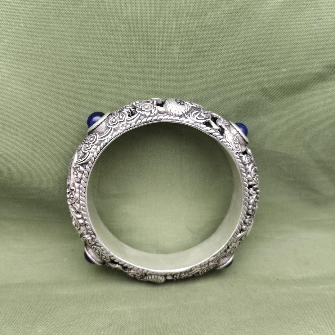 Tibetan Silver Dragon Cloud Bangle - Blue Gem Accent Hand-carved ...