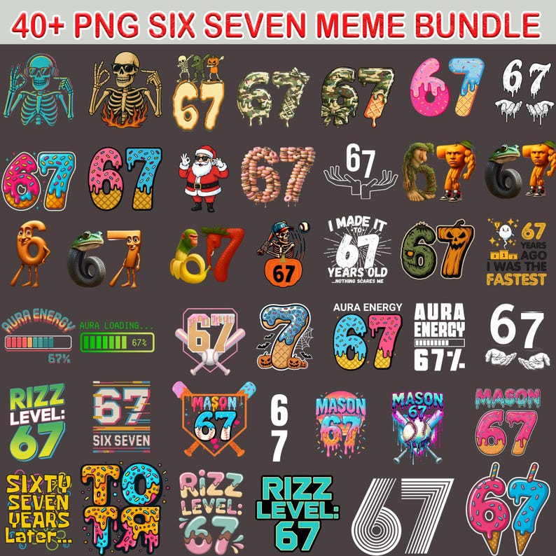 40+ Six Seven Meme PNG Bundle, Aura Energy 67 Rizz Level Clipart, Funny ...
