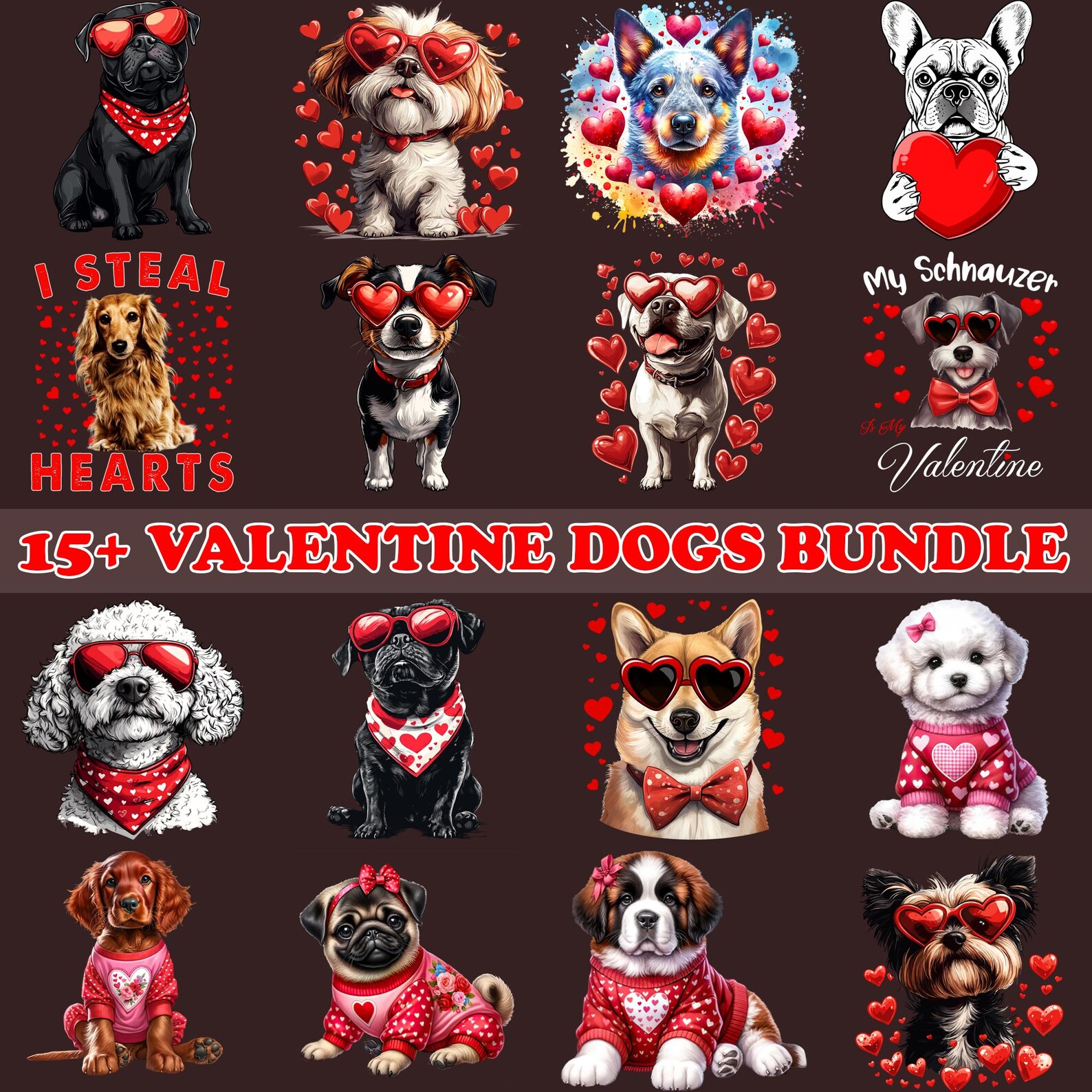 Valentines Day Dogs PNG Bundle Designs, Dachshund Bulldog Labrador ...