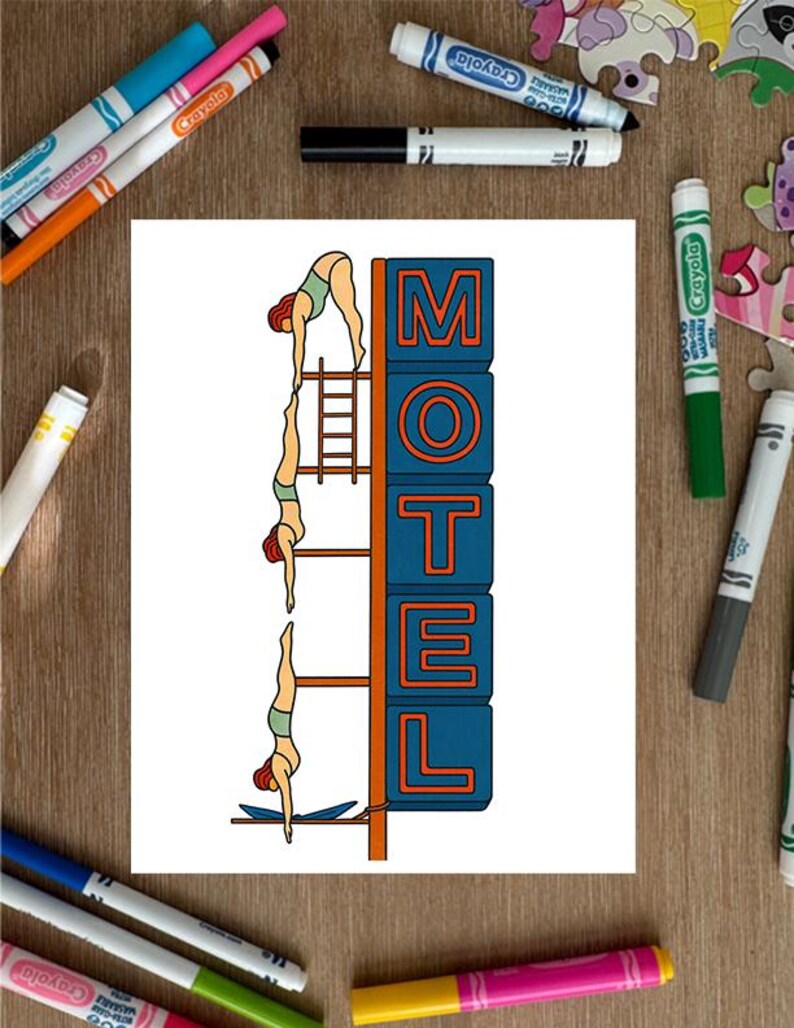 Printable Motel Sign Coloring Page: Retro Diving Lady, Vintage Neon ...