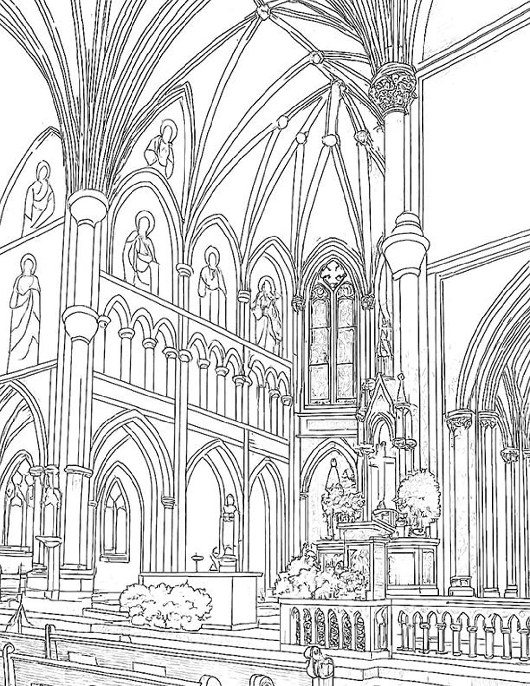 Gothic Church Coloring Page: Cathedral Interior Printable, Religious ...