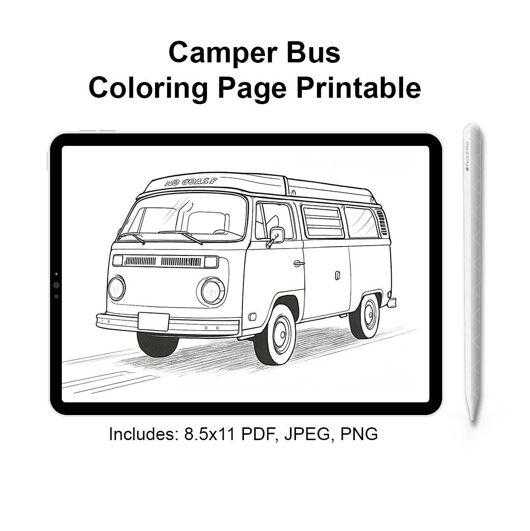 Printable Retro Camper Van Coloring Page: Classic Bus, Vintage Vehicle ...