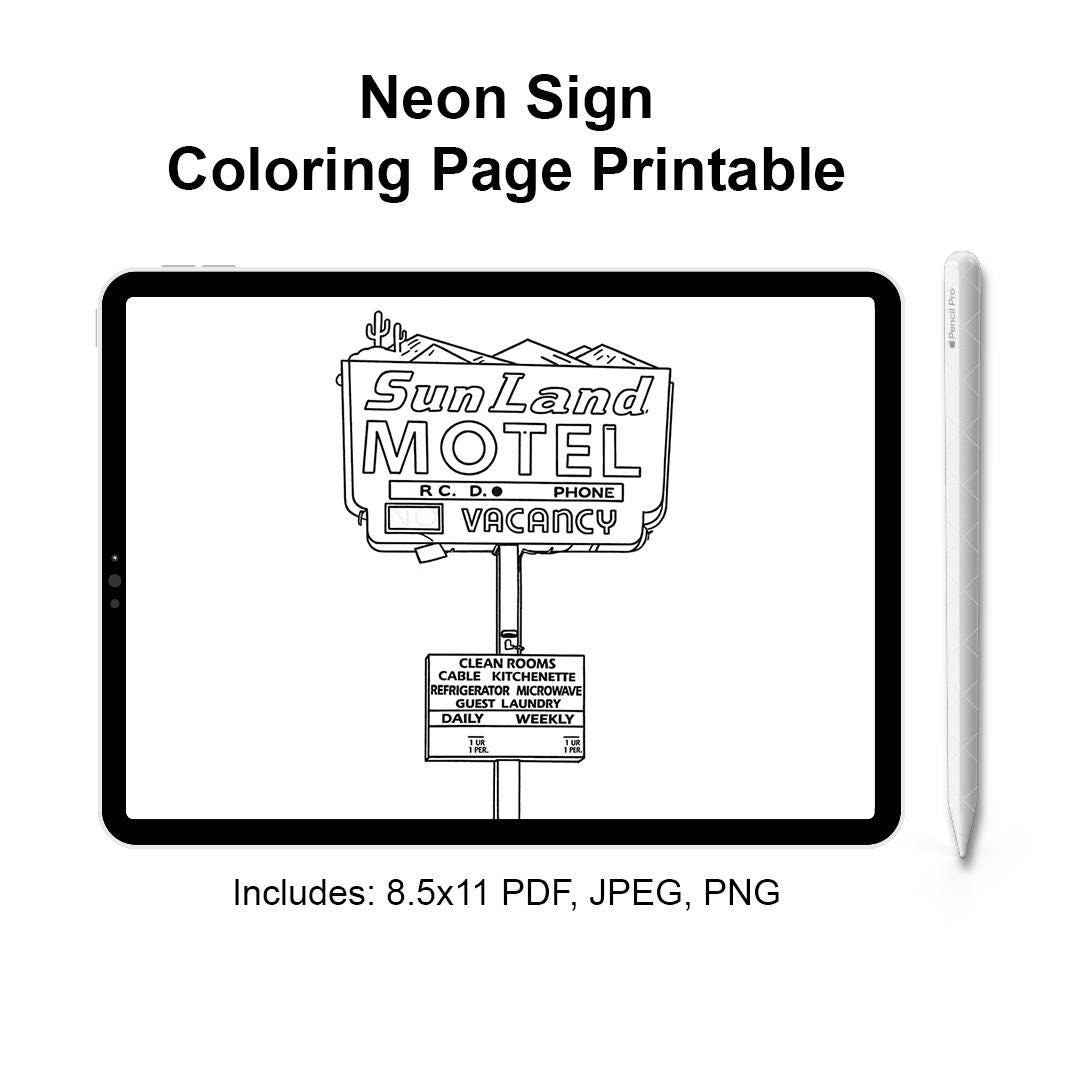 Printable Sun Land Motel Sign Coloring Page: Retro Neon, Vintage ...