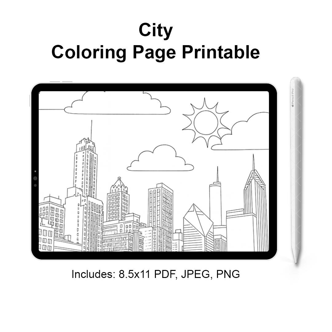 Printable City Skyline Coloring Page: Urban Architecture, Buildings Art ...
