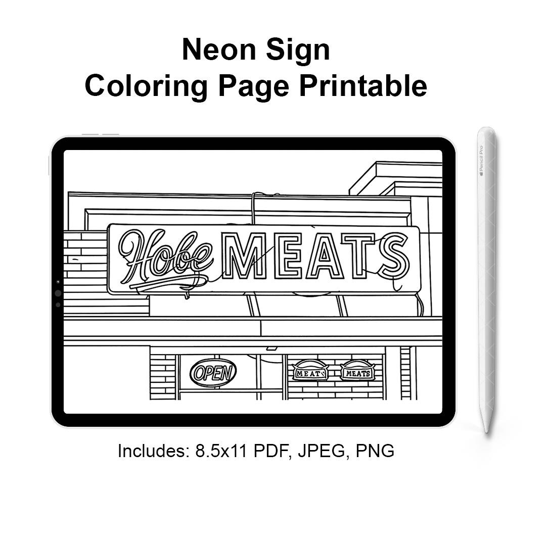 Printable Hobe Meats Sign Coloring Page: Retro Neon, Vintage Butcher ...