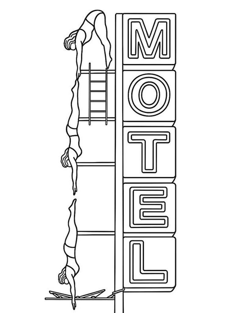 Motel Sign Coloring Page: Retro Diving Lady Printable, Vintage Neon ...