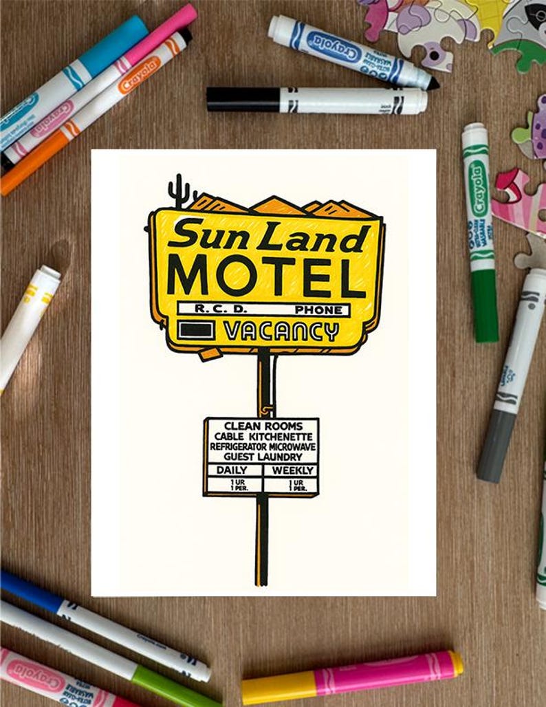 Printable Sun Land Motel Sign Coloring Page: Retro Neon, Vintage ...