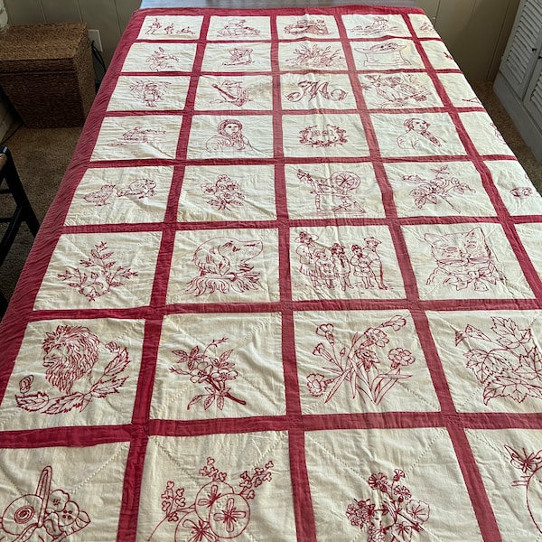 Redwork Quilt - Etsy
