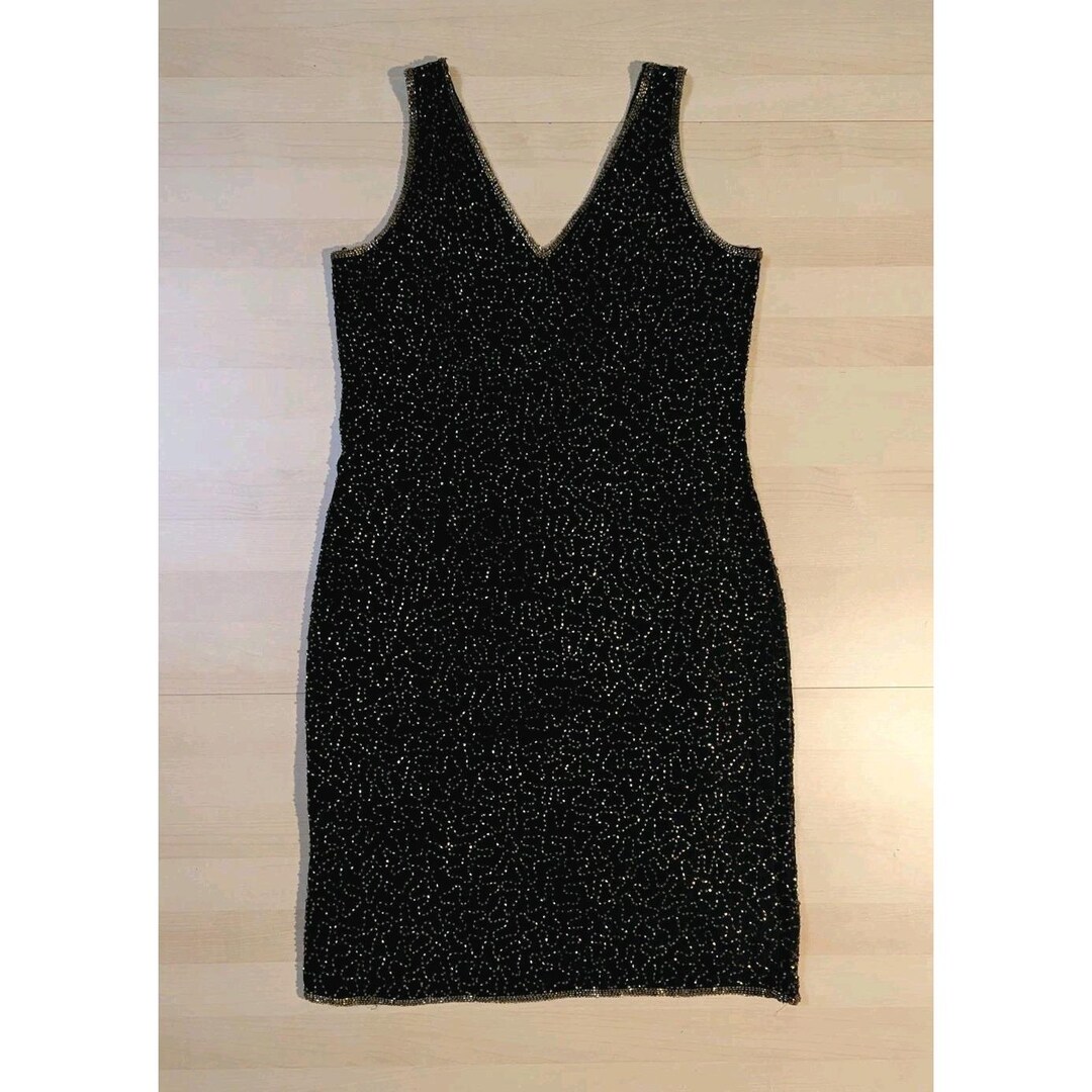 Vintage JMD New York Dress S Black Beaded V Neck Cocktail Evening New ...